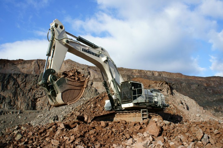 The Liebherr mining excavator R 9100 at the Steinexpo 2014 trade fair ...